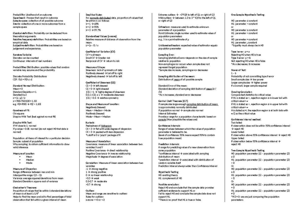 Bt1101 Final Exam Probability Cheatsheet and Concepts Overview - Studocu