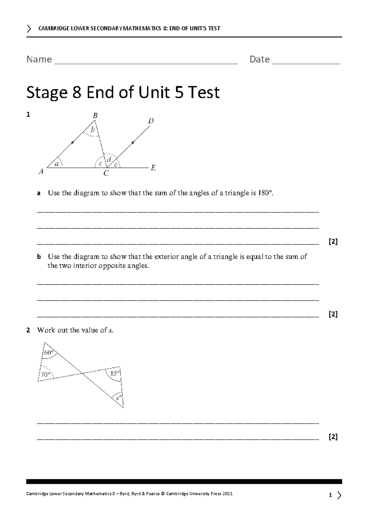 Stage 8 End of Unit 5 Mathematics Test - Studocu