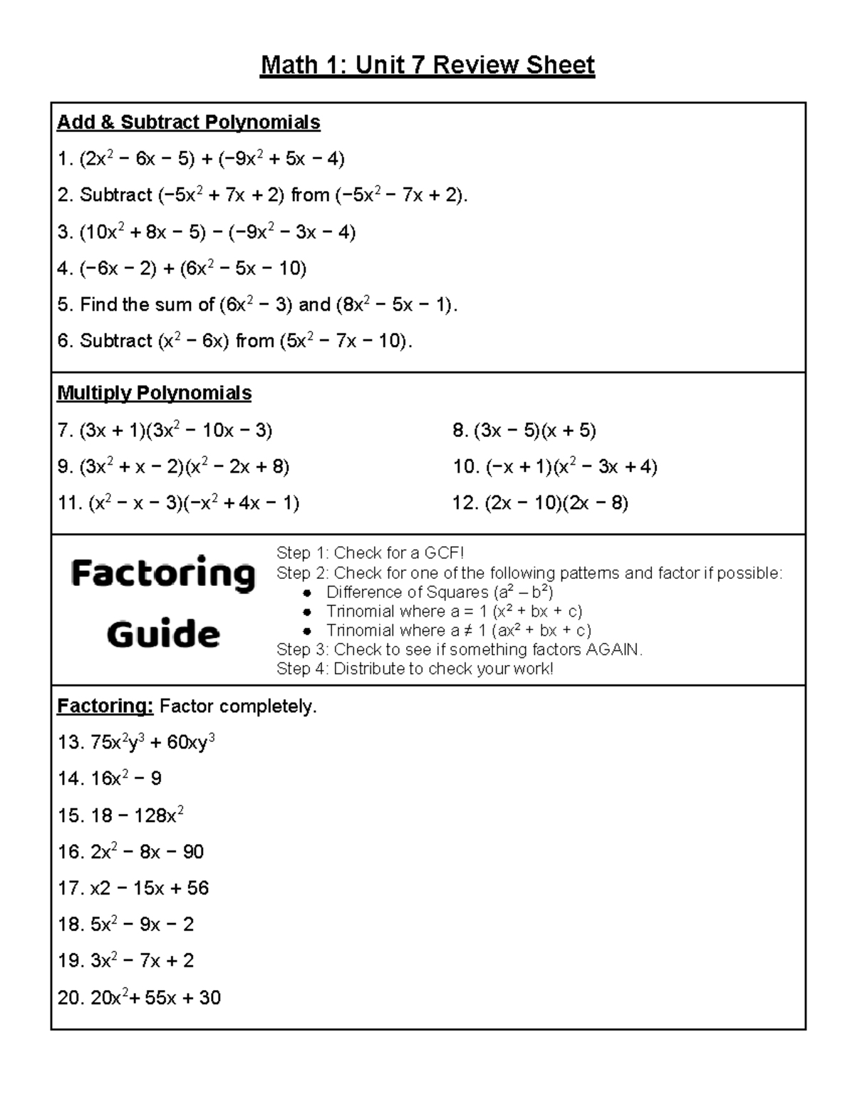 Math 1: Unit 7 Review - Add & Subtract Polynomials - Studocu