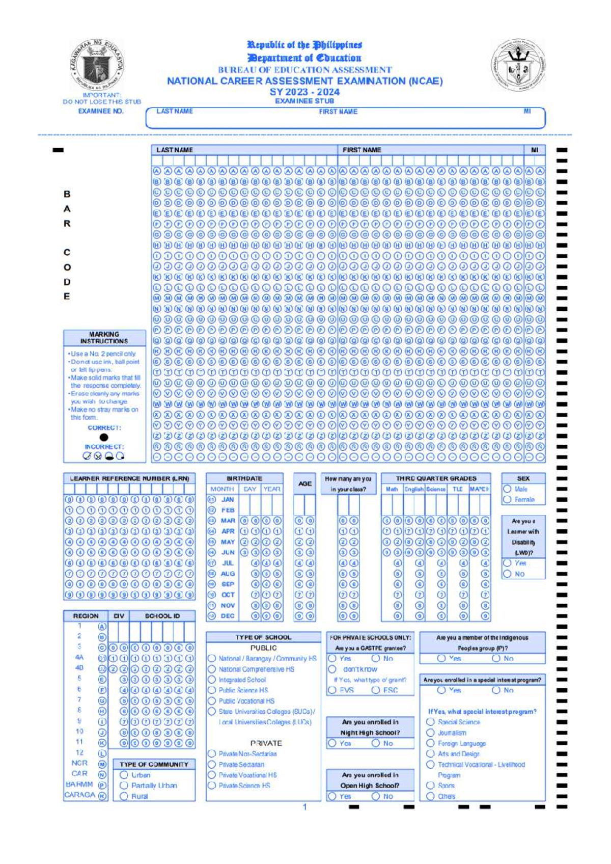 NCAE Answer Sheet Sample - SY 2023-2024 - Studocu