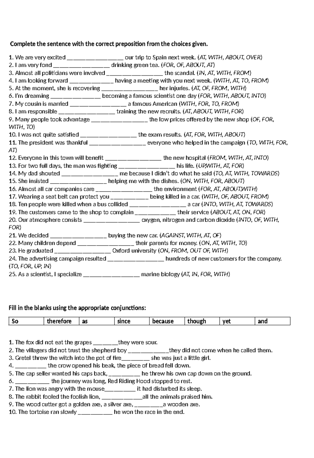 Conjunction and Preposition Exercises for English Language Learners ...