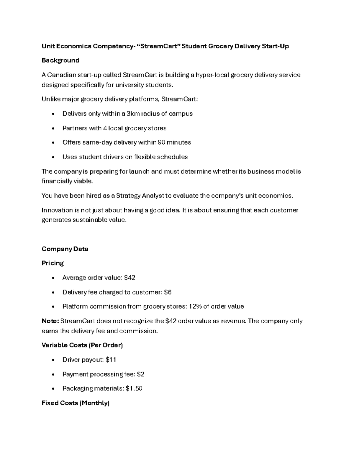 Unit Economics Analysis for StreamCart Grocery Delivery (ECO-101) - Studocu