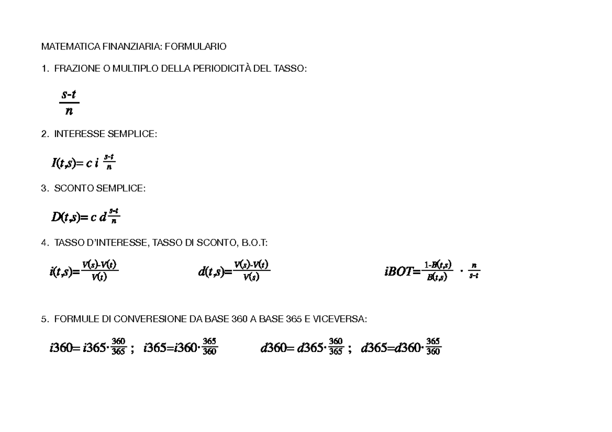 Formulario di Matematica Finanziaria - Riferimenti e Formule Utili ...