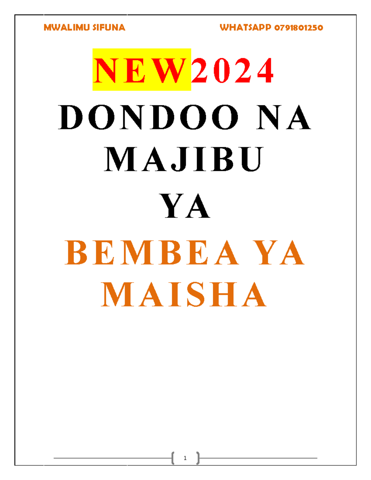 Bembea ya Maisha: Dondoo na Majibu ya Kichwa Kuu 2024 - Studocu