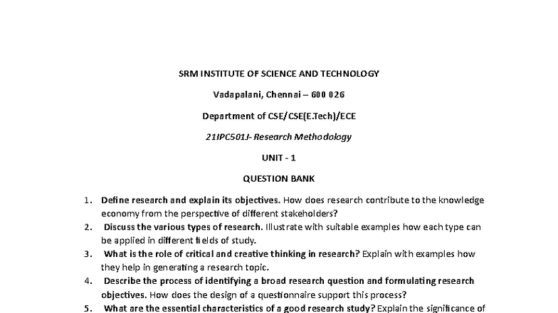 Research Methodology Question Bank (QB) - Units 1 & 2 - Studocu