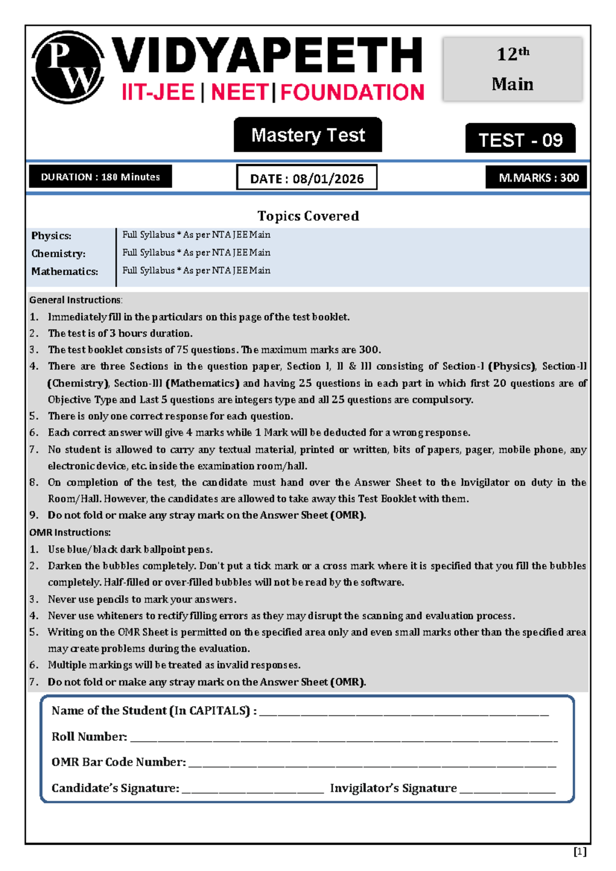 12th JEE Main Mastery Test 09 - Full Syllabus Overview - Studocu