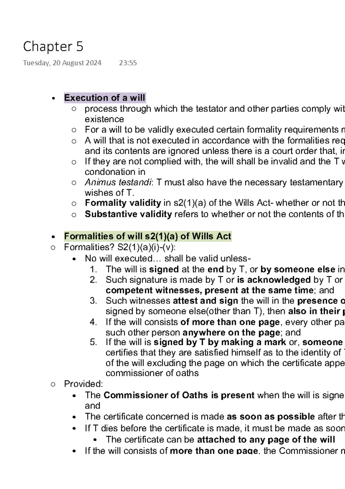 Chapter 5: Valid Execution of Wills and Related Formalities - Studocu