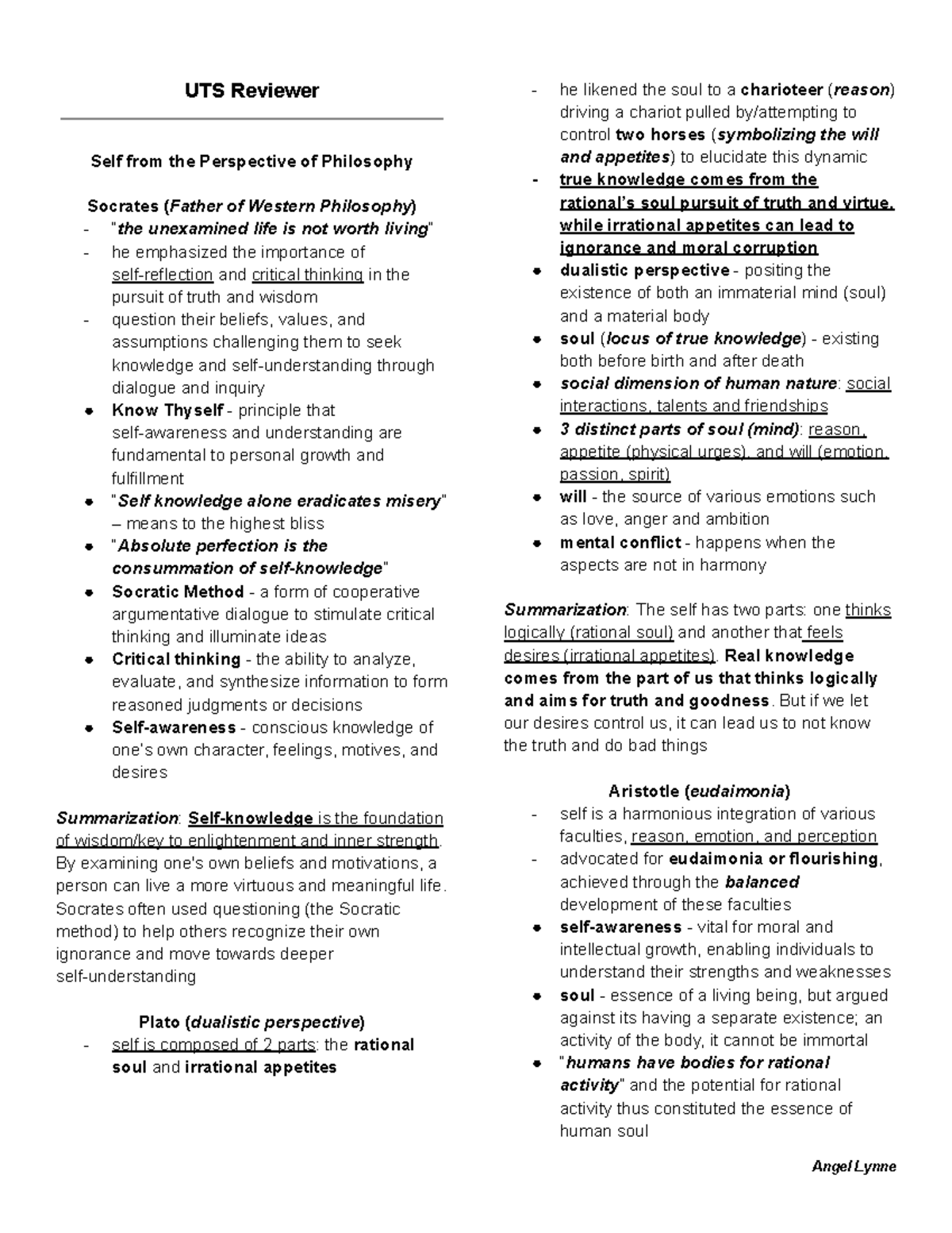 Philosophical Perspectives on the Self: An In-Depth UTS Review - Studocu
