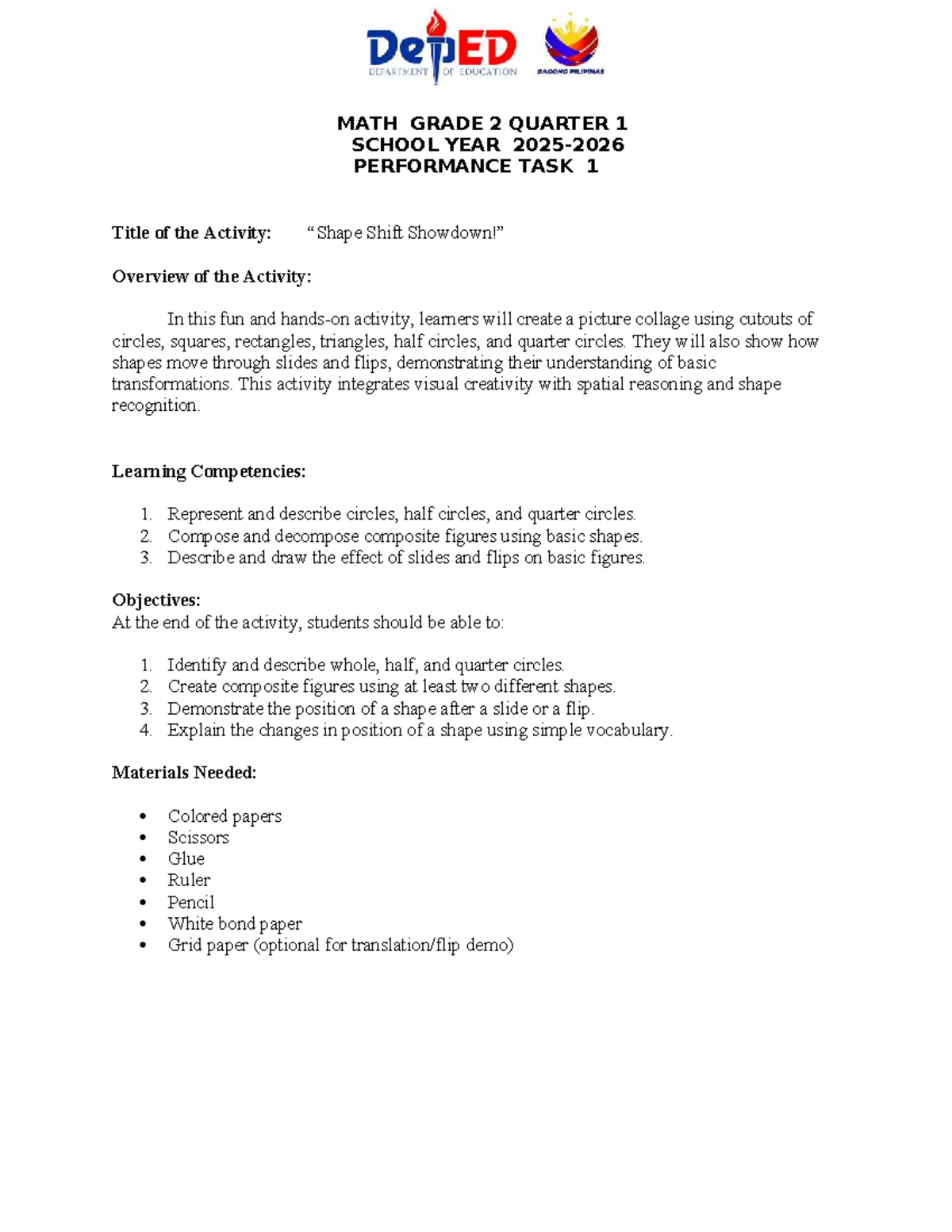 G2 MATH Q1 Performance Task: Shape Collage & Number Mall Activities ...