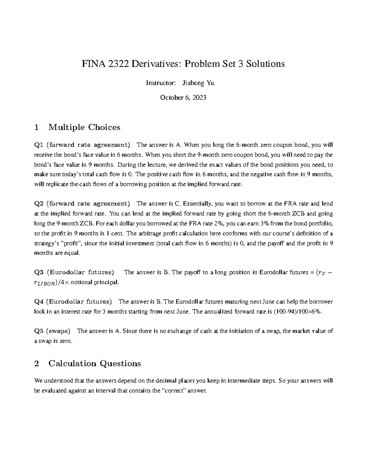 FINA 2322 Derivatives: Problem Set 3 Solutions and Explanations - Studocu