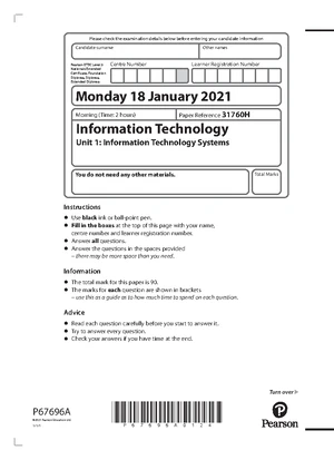 Unit 1 IT Systems Jan 2023 - Past Exam Paper (Total Marks: 90) - Studocu