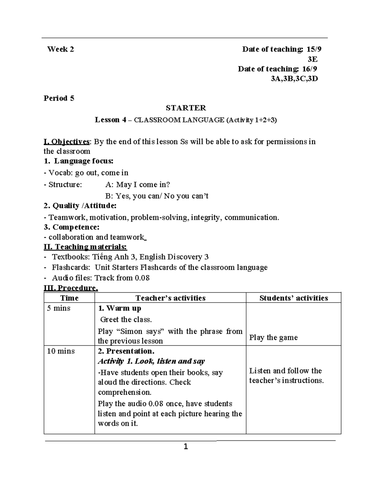 Week 2 Lesson Plan: Classroom Language & Phonics Activities (3E, 3A, 3B ...