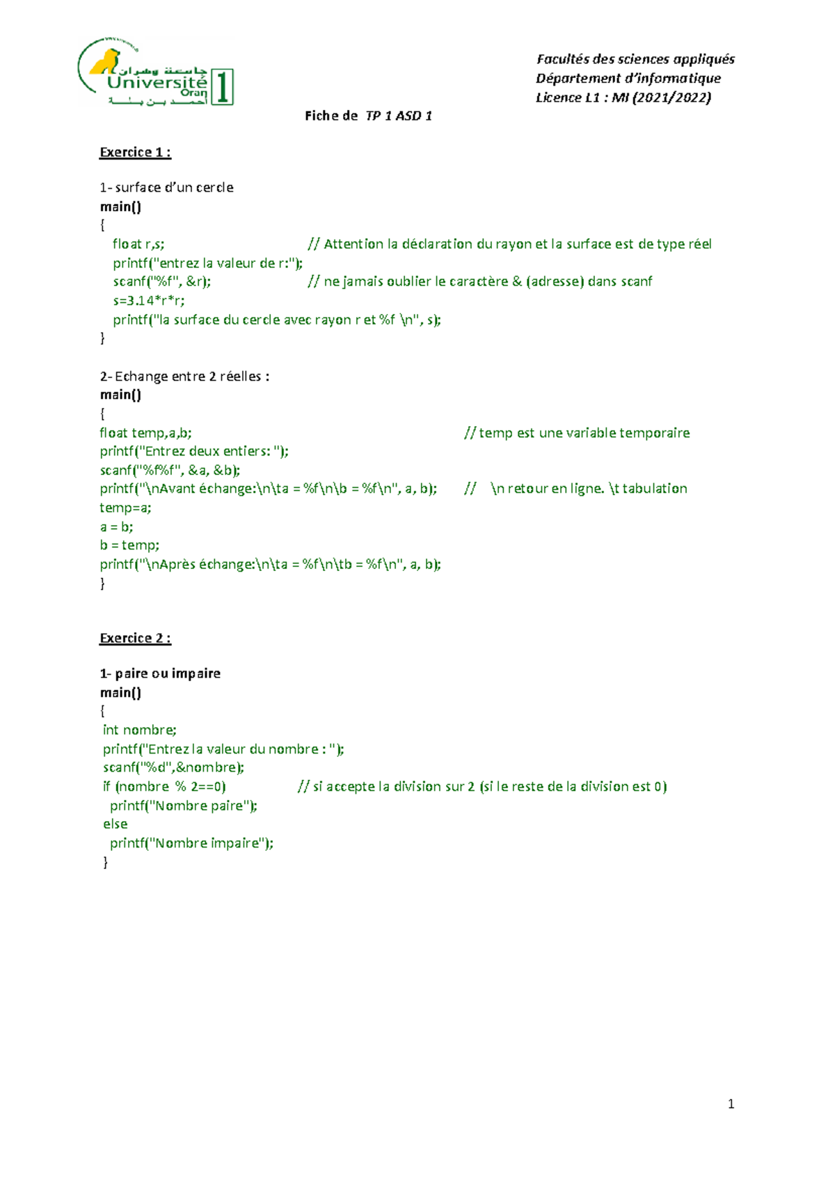 Fiche de TP 1-2 ASD1 - Informatique L1 MI (2021/2022) - Exos et Algorithmes - Studocu