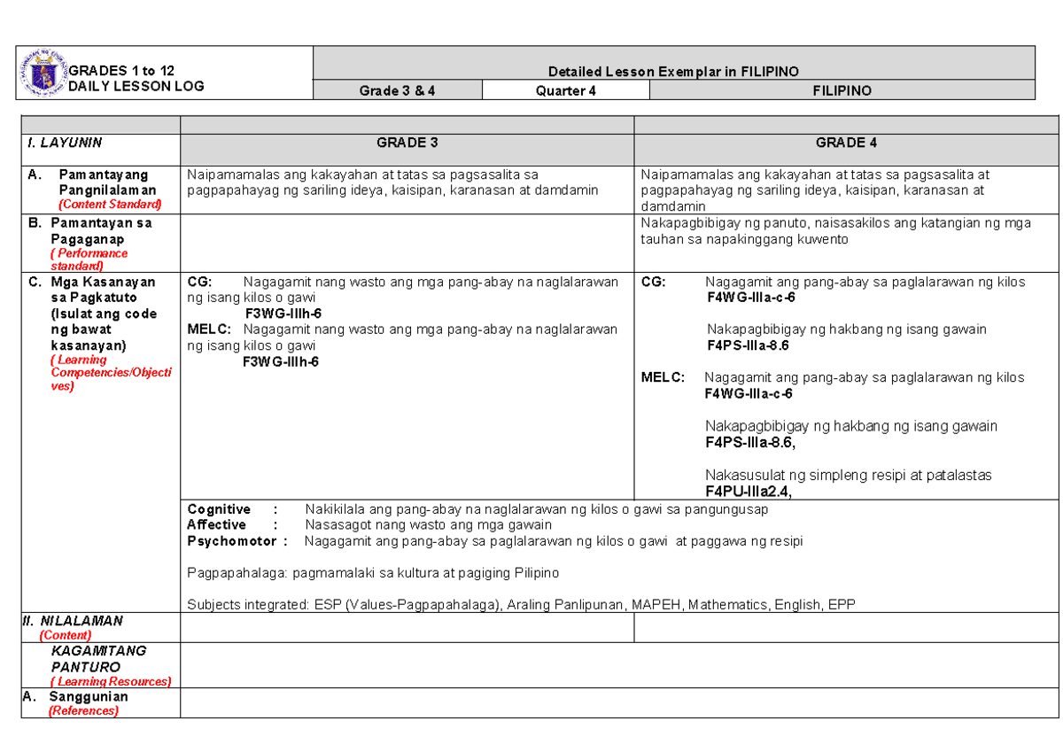 Detailed Lesson Exemplar for Filipino 3&4 - Quarter 3 Week 3-5 (2022 ...