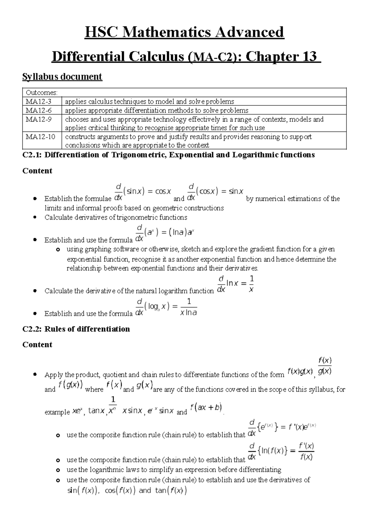 HSC AD MAT Differentiation Chapter 13 Study Guide 2022 - Studocu