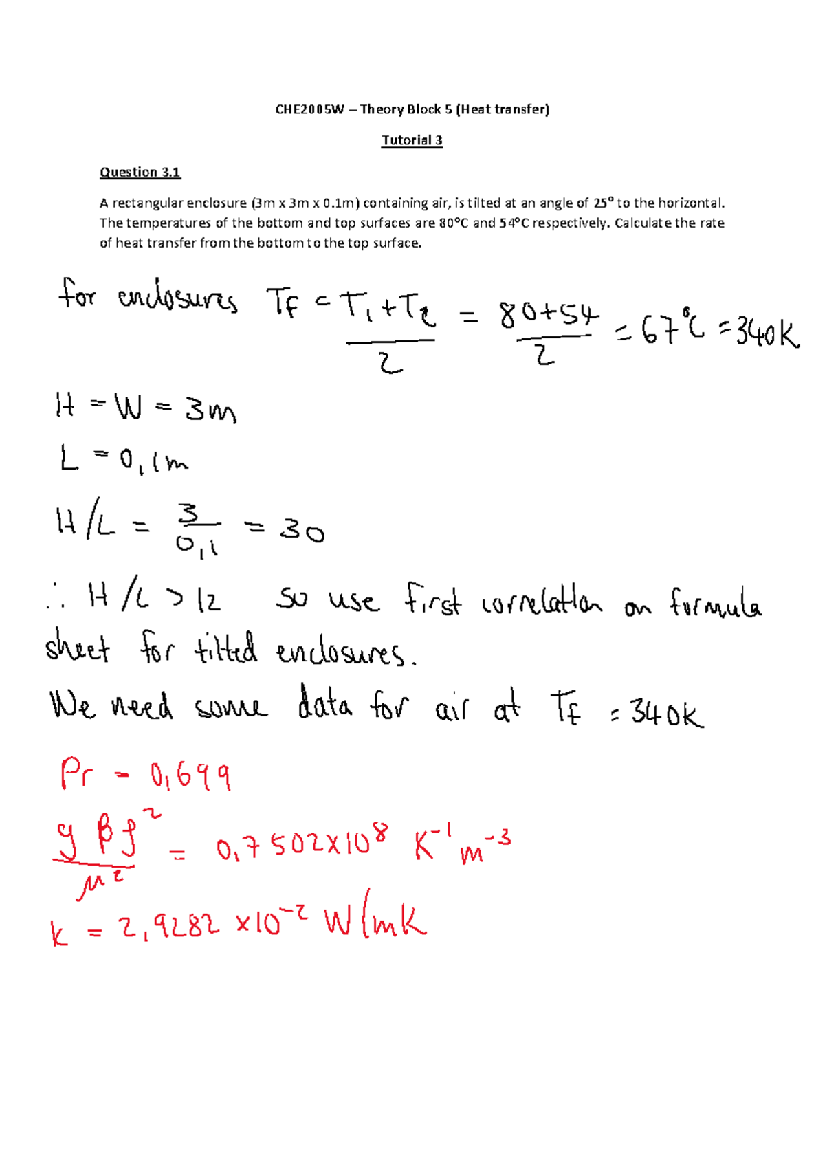 CHE2005W - Tutorial 3 Solutions on Heat Transfer Theory - Studocu