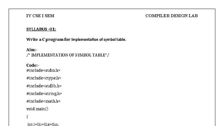 1Q. Write A C Program FOR Implementation OF Symbol Table - IV CSE I SEM ...