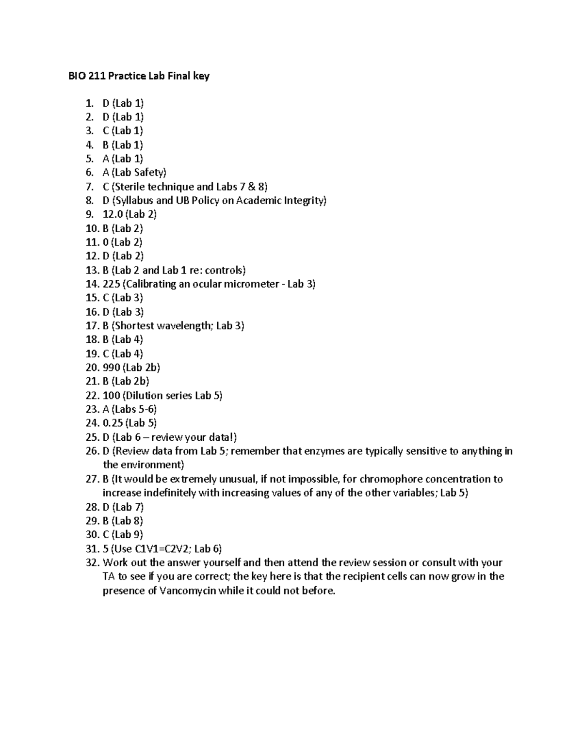 BIO 211 Practice Lab Final Exam Key - Spring 2024 Guide - Studocu