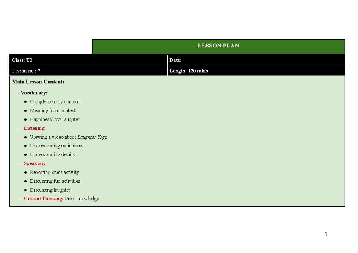 Lesson Plan T3: Laughter Yoga & Vocabulary Activities - Studocu