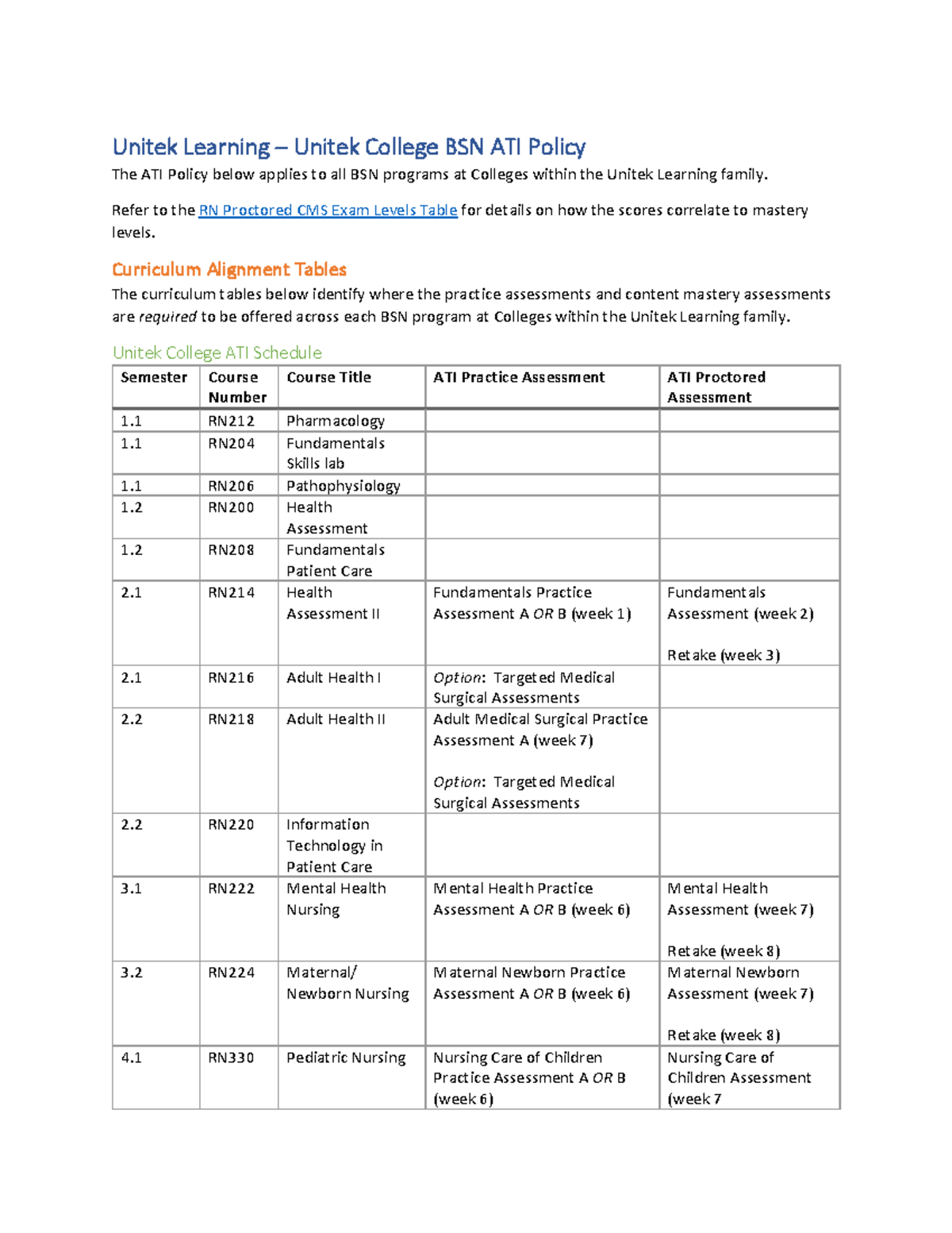 Unitek College BSN ATI Policy and CMS Exam Schedule Overview - Studocu