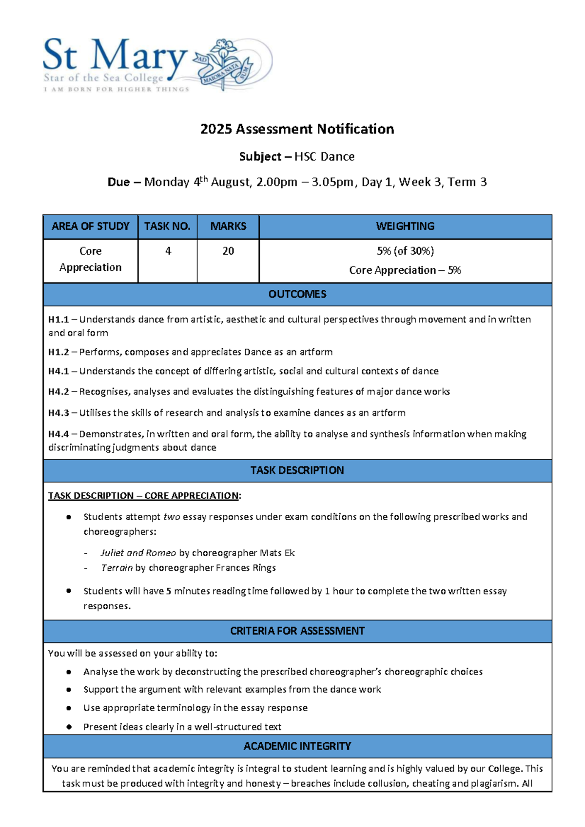2025 HSC Dance Task 4 - Assessment Notification (Theory Exam) - Studocu