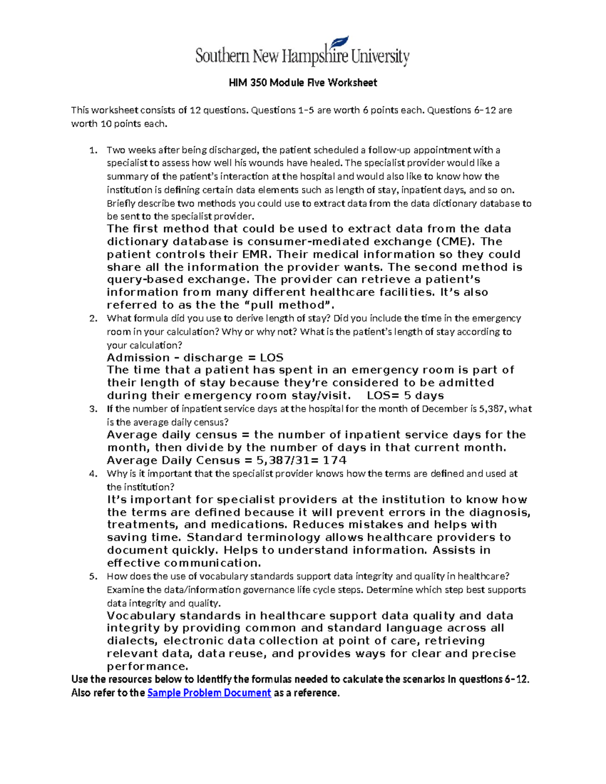 HIM350 Module 5 Worksheet: Data Extraction & Calculation Methods - Studocu