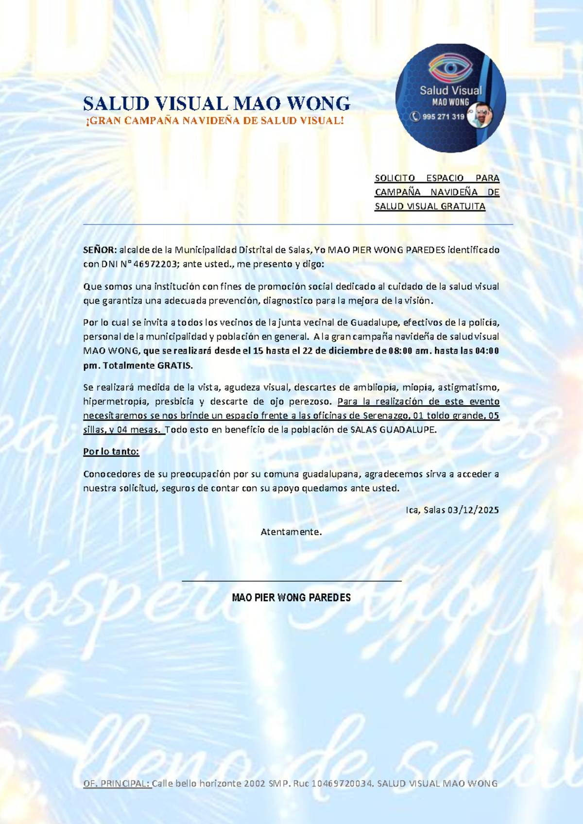 Campaña Navideña de Salud Visual MAO WONG - Ica 2023 - Studocu