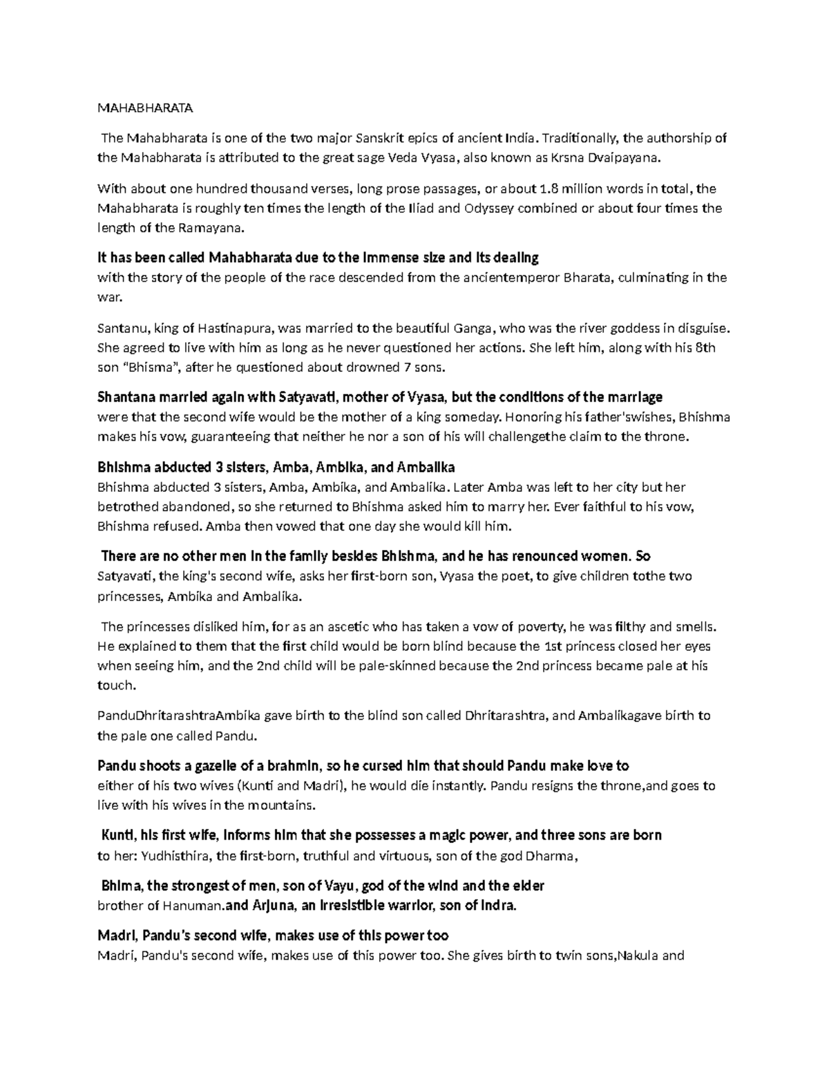 MAHABHARATA: Comprehensive Study Notes on the Epic - Studocu