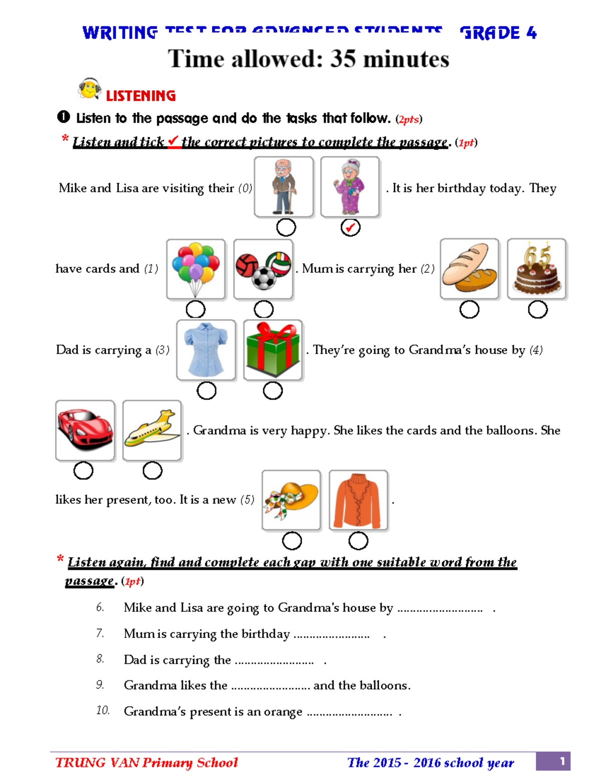 1. Writen test T.Van grade 4 - WRITING TEST FOR ADVANCED STUDENTS ...
