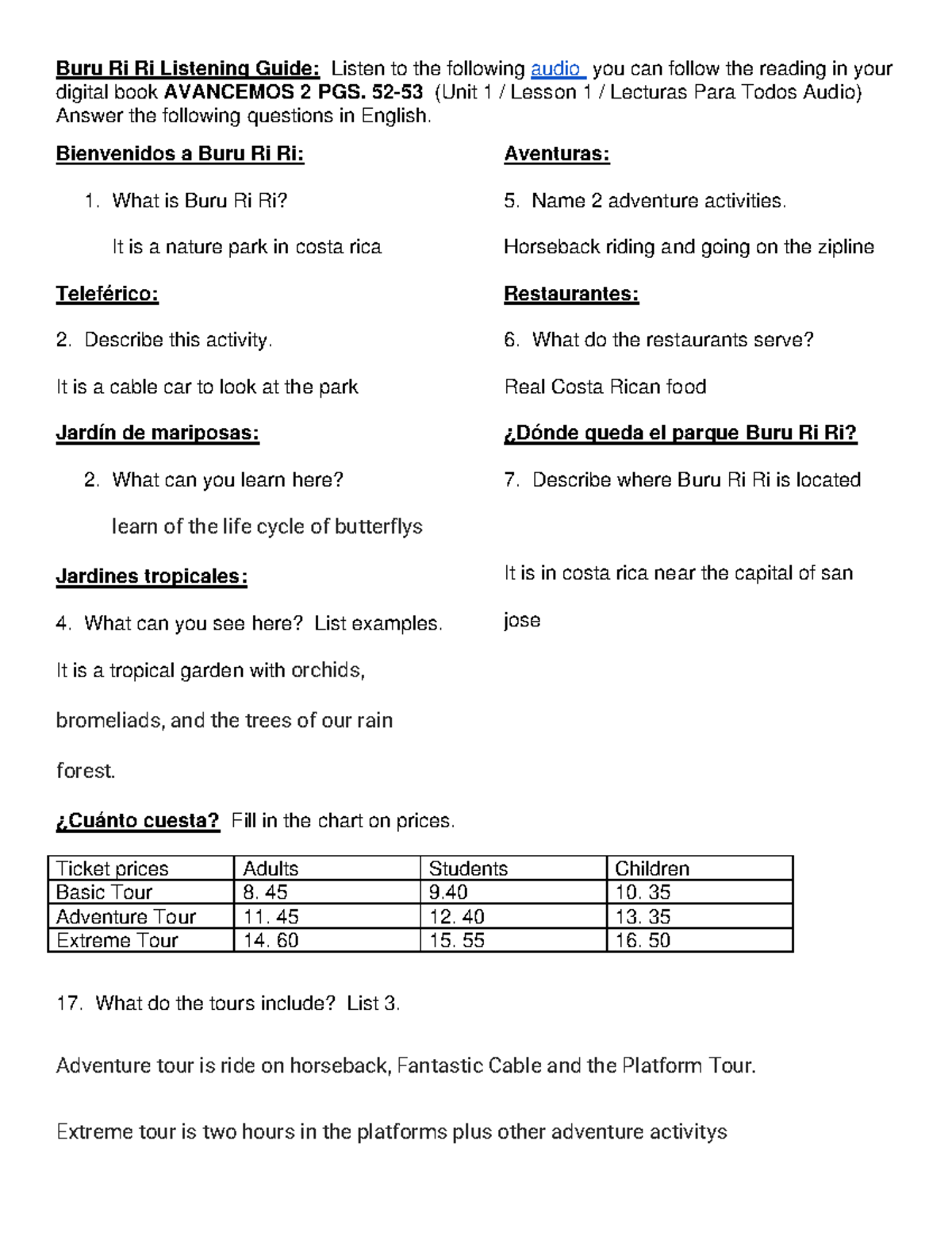 Avancemos 2 Listening Guide: Buru Ri Ri Overview & Q&A - Studocu