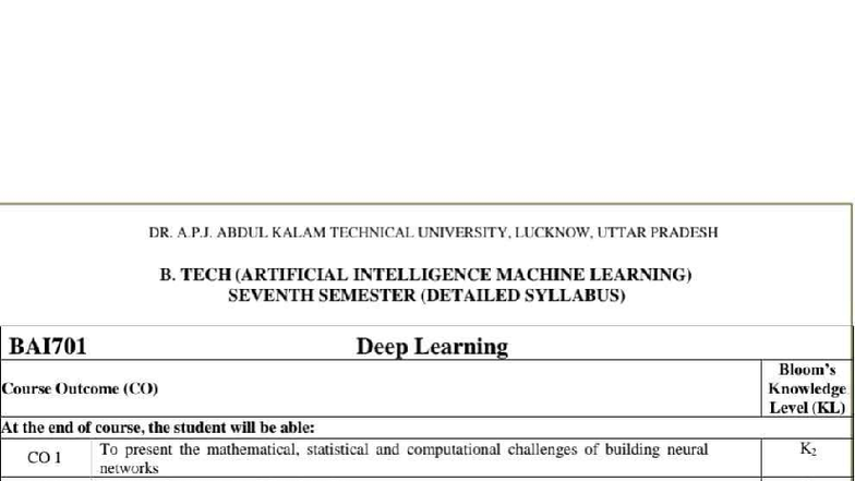 BAI701 Deep Learning Syllabus - 7th Sem B.Tech AI/ML - Studocu