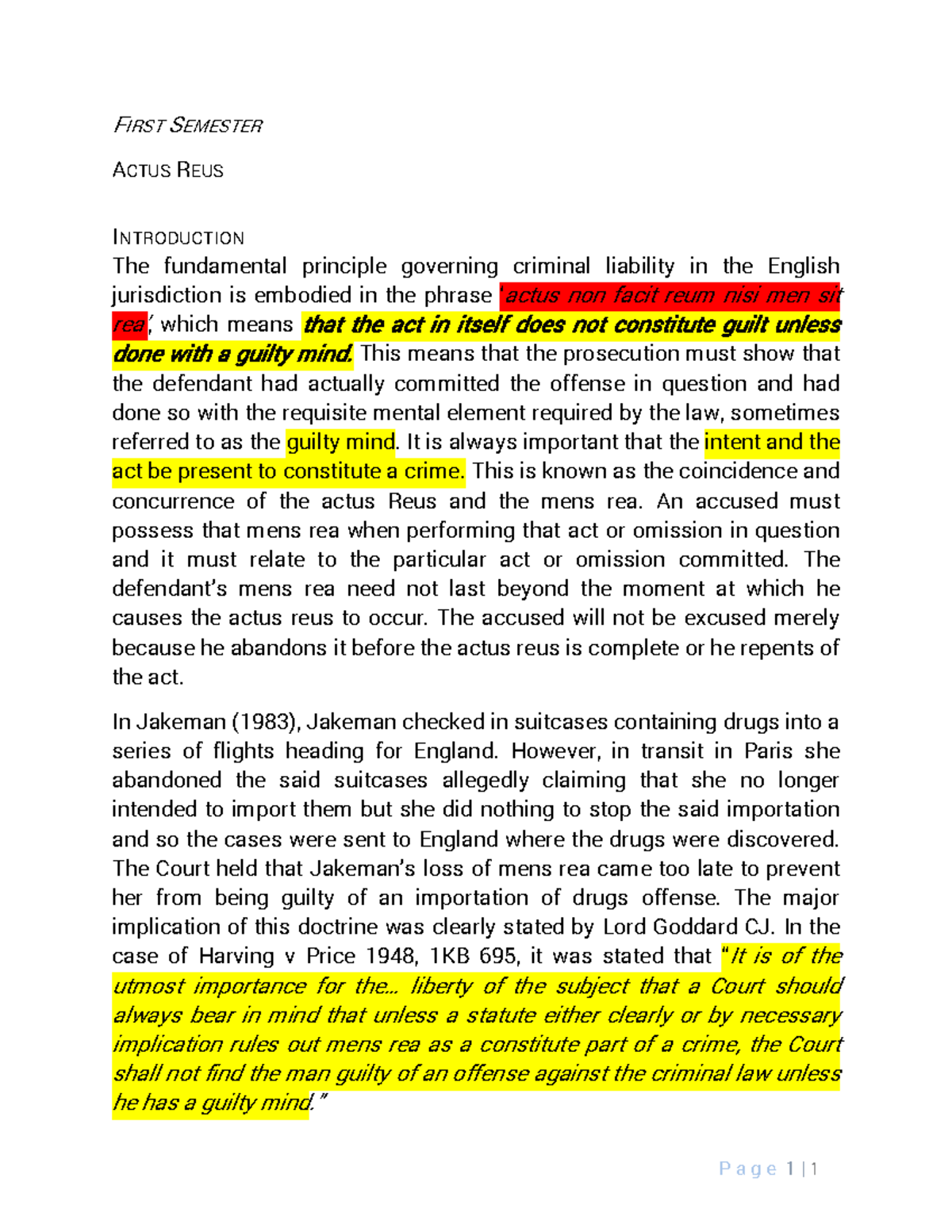 Criminal Law Gidwani-1: Understanding Actus Reus and Mens Rea - Studocu