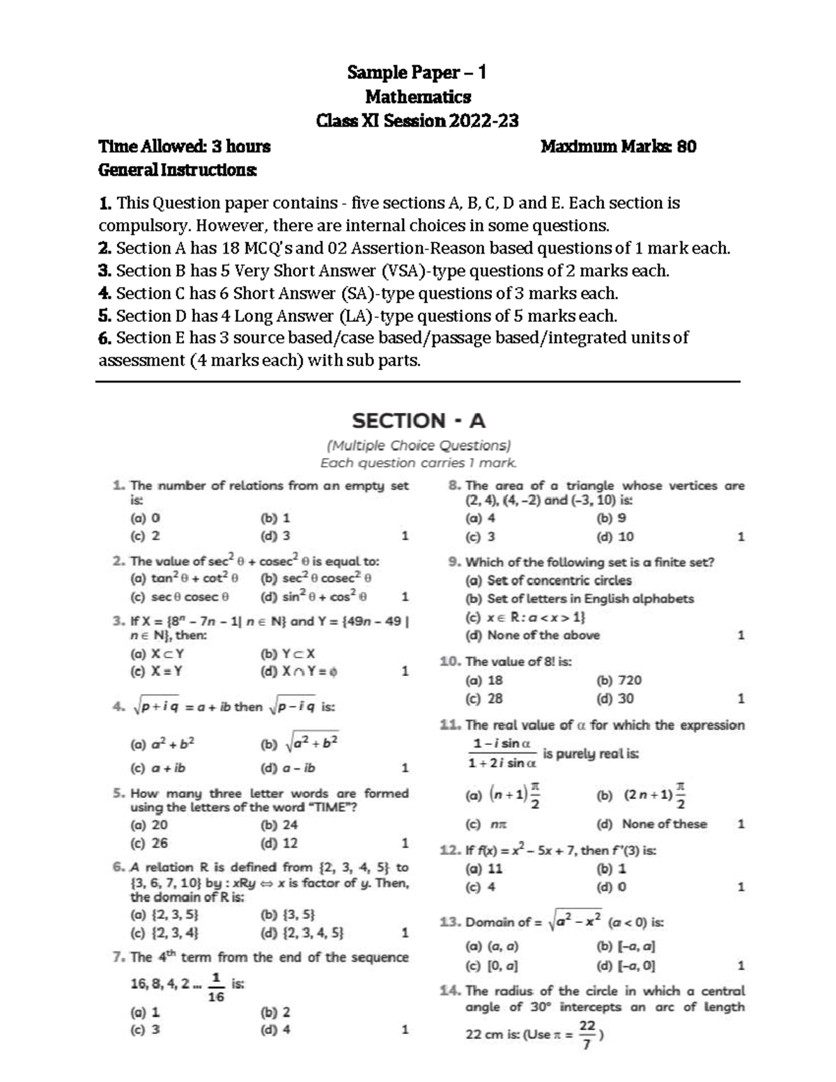 Mathematics Class XI Sample Paper 1 - 3 Hours Exam - Studocu