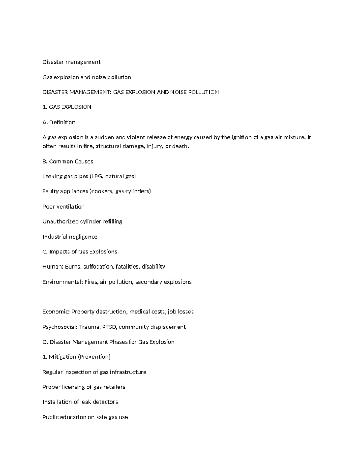 DISASTER MANAGEMENT: GAS EXPLOSION & NOISE POLLUTION - Studocu