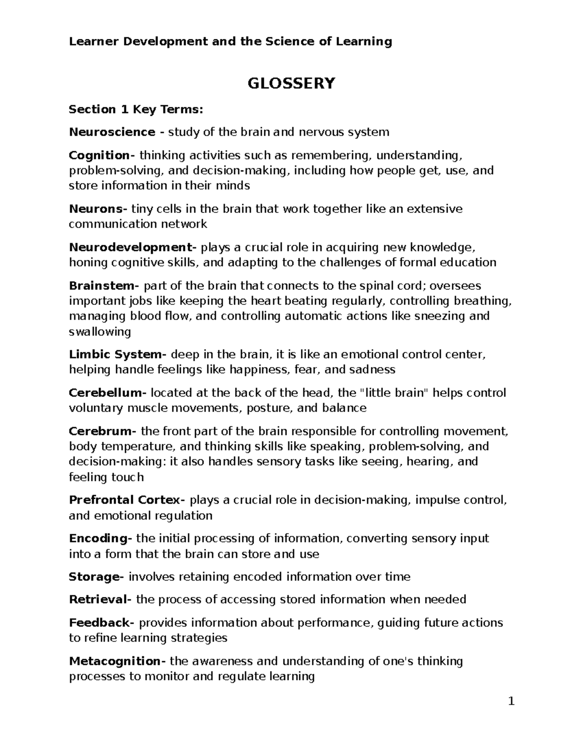 Learner Development and the Science of Learning: Key Terms Glossary ...