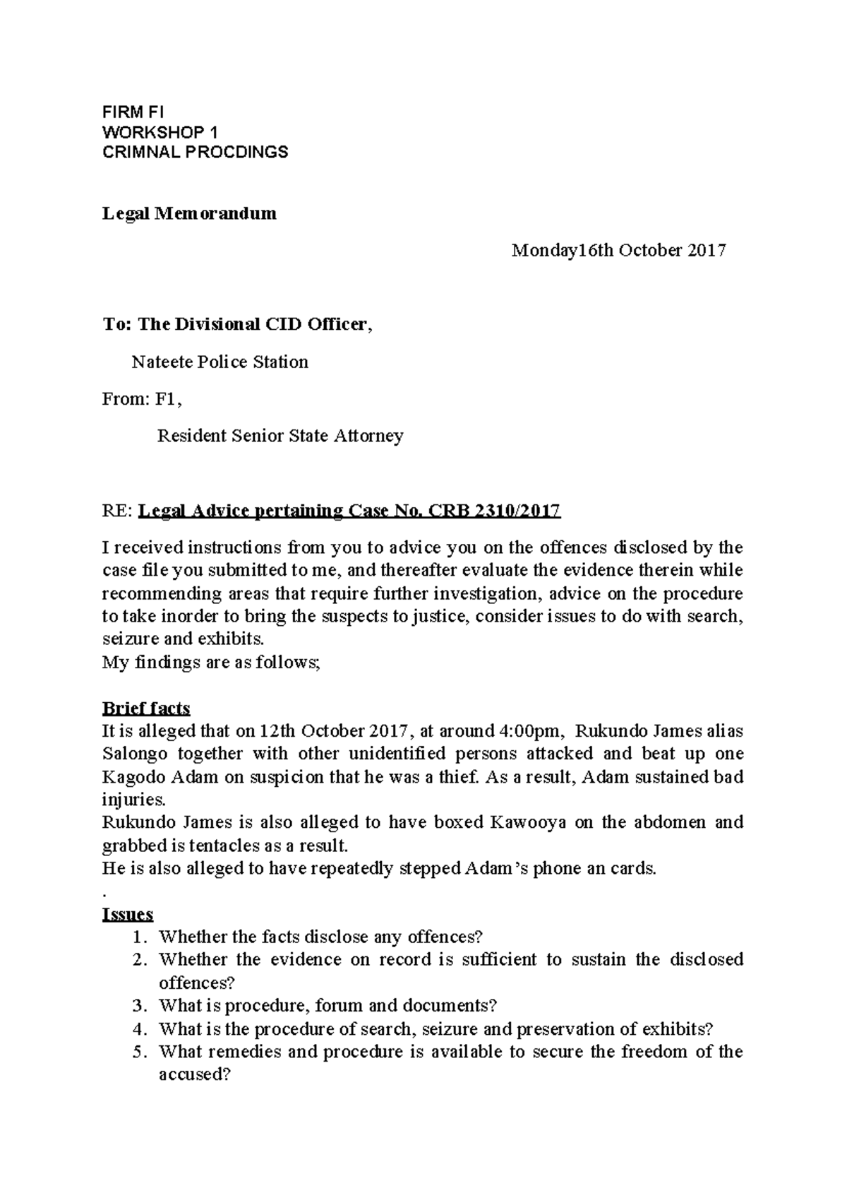 Legal Memorandum on Criminal Proceedings: Case No. CRB 2310/17 - Studocu