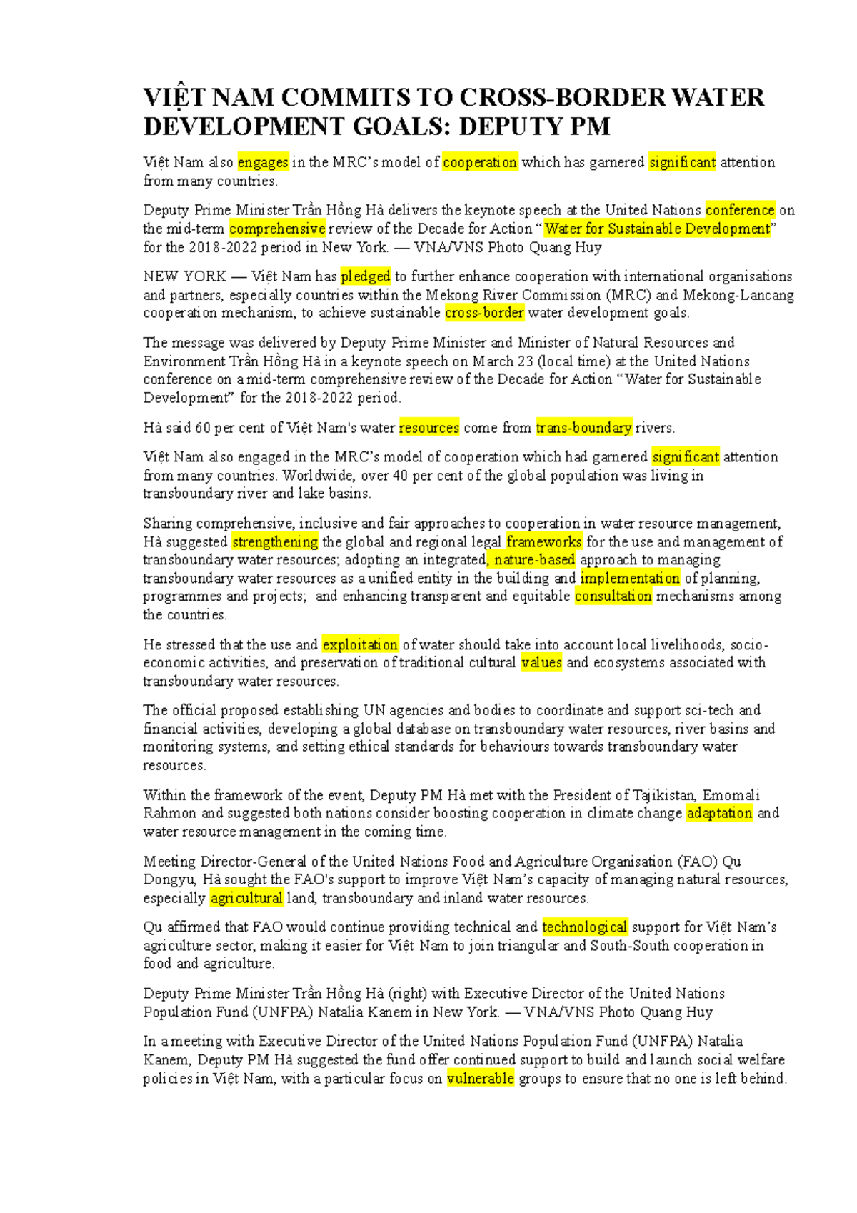 Reading - VIỆT NAM COMMITS TO CROSS-BORDER WATER DEVELOPMENT GOALS ...
