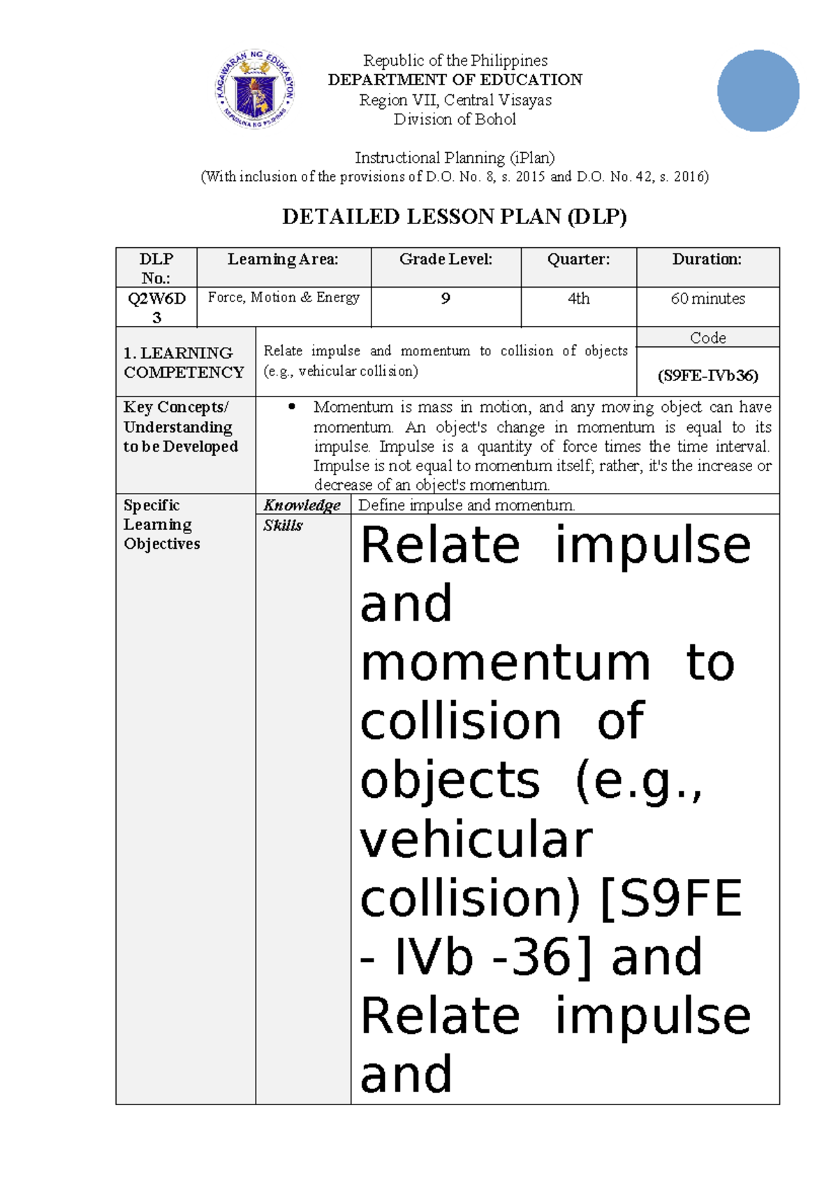 COT 2ND - Detailed Lesson Plan on Impulse and Momentum - Studocu