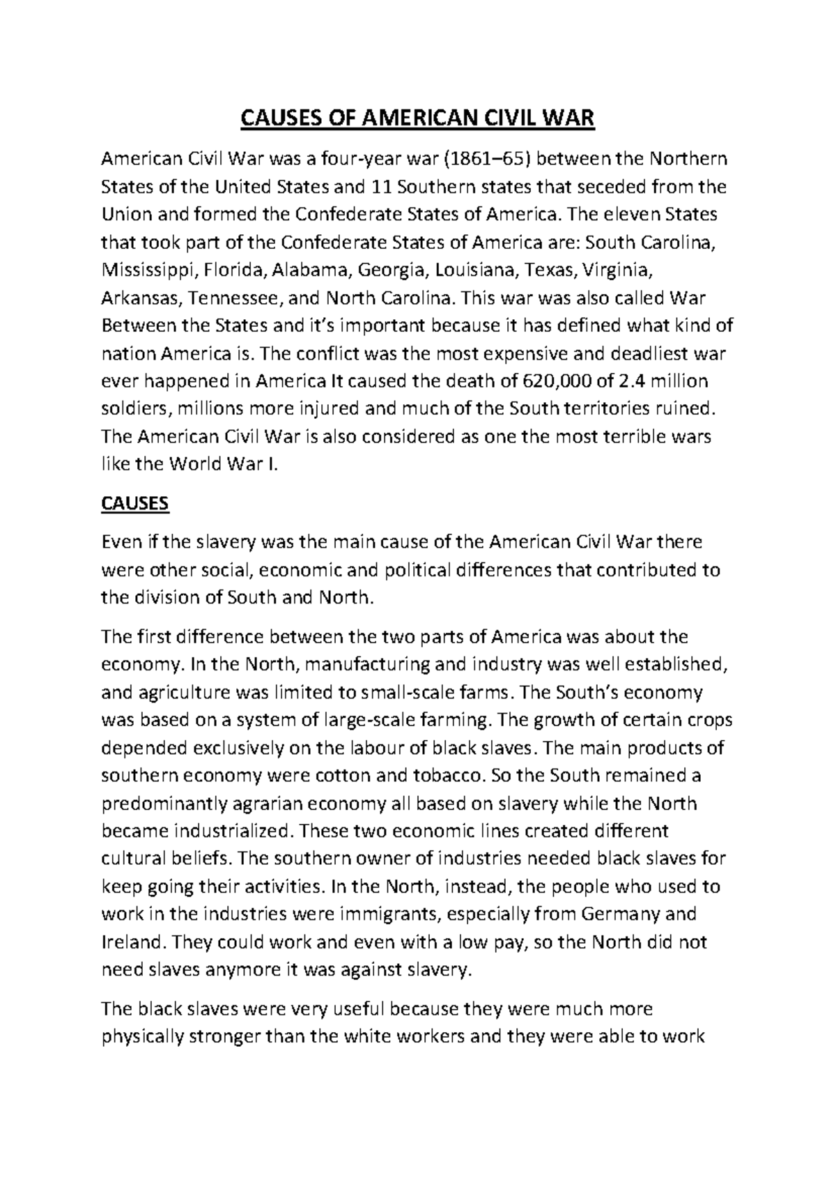 Causes OF American Civil WAR - CAUSES OF AMERICAN CIVIL WAR American ...