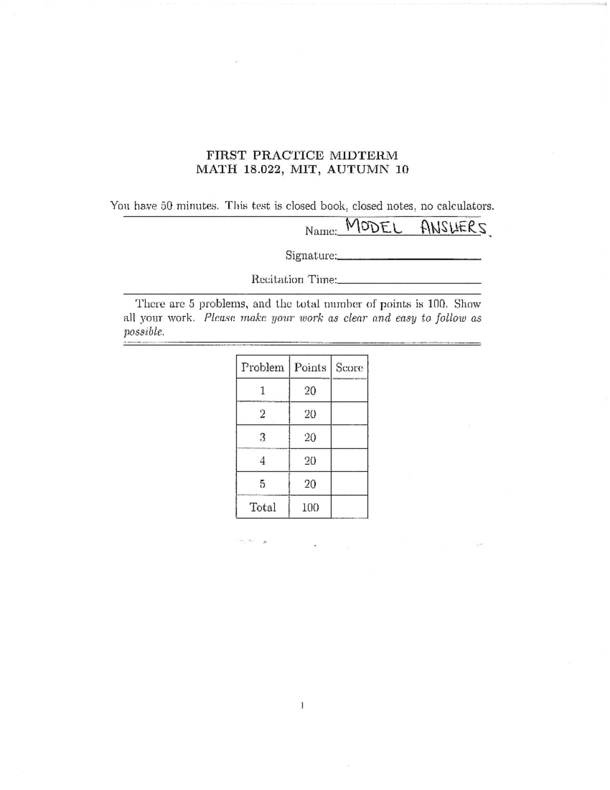 Model Answers for Practice Midterm Math 18.022, MIT Autumn 2010 - Studocu