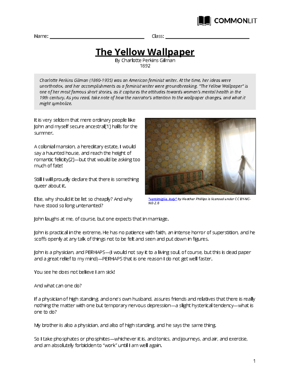 The Yellow Wallpaper (ENG 101) - Text-Dependent Questions and Analysis ...