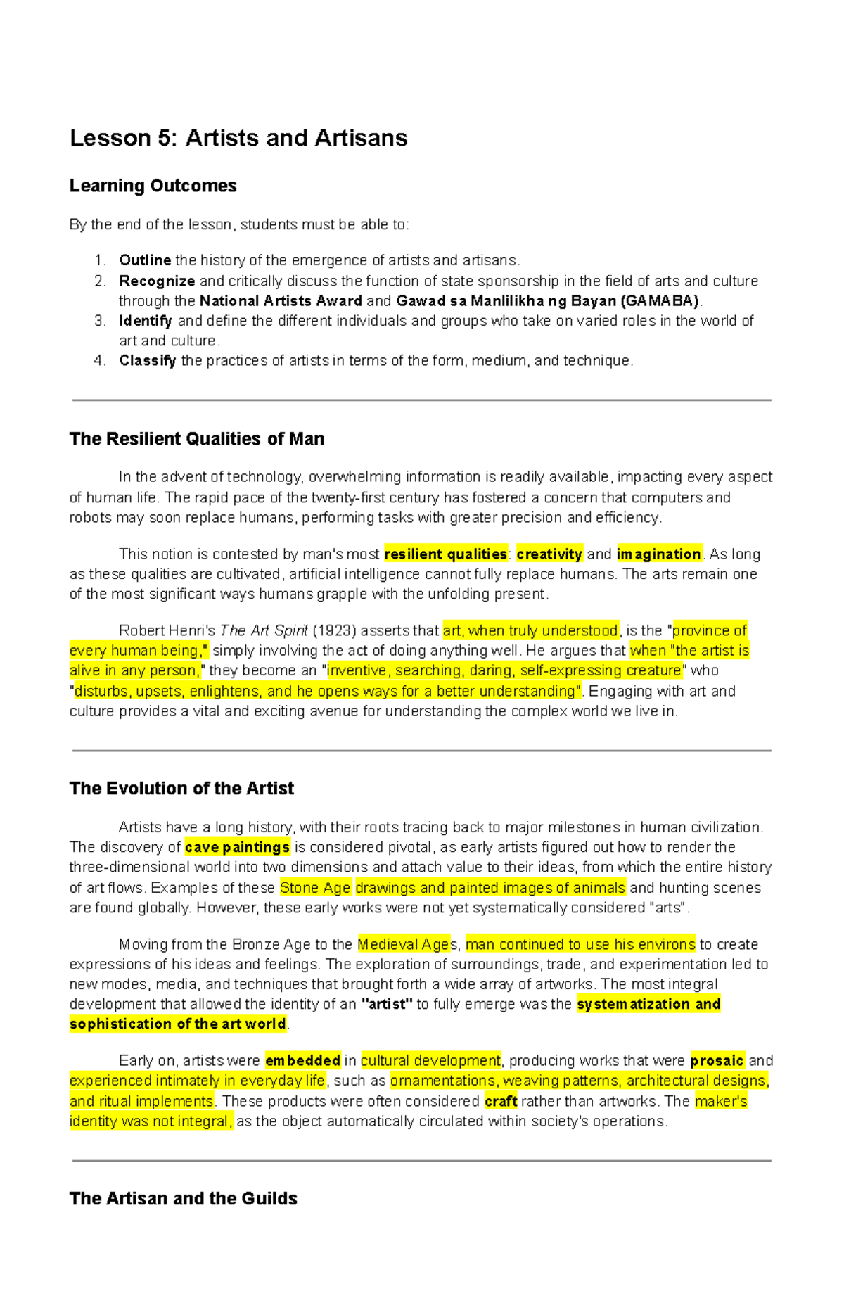 Lesson 5: Understanding Artists and Artisans in Art History - Studocu