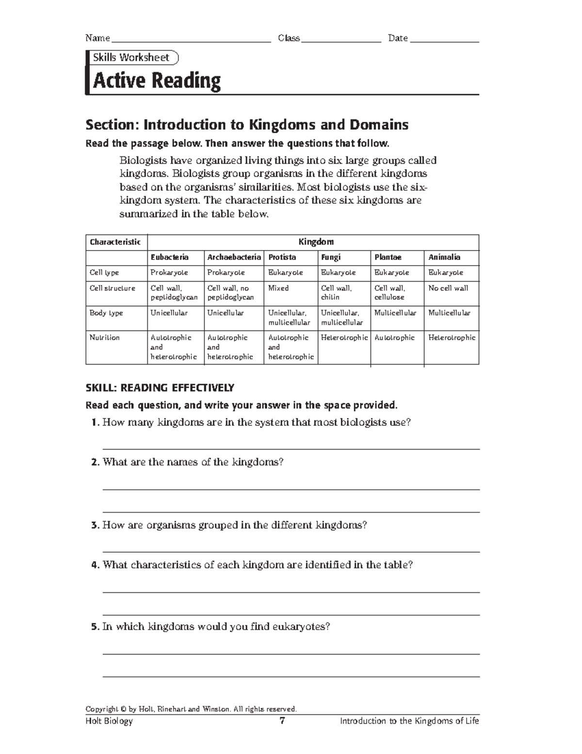 6 Kingdoms - Biology Worksheet for Class 7 Active Reading - Studocu
