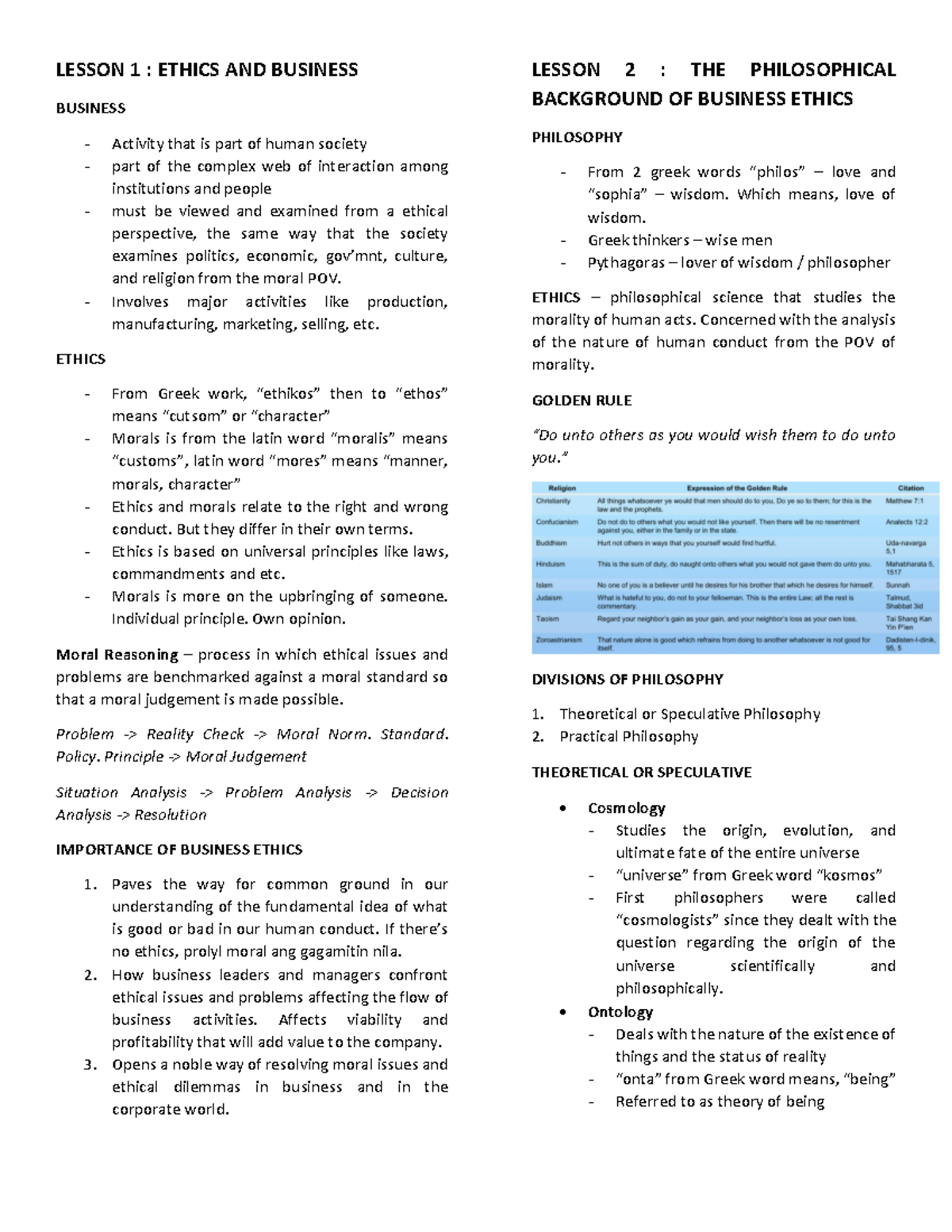 Accethics Lesson 1-3 - LESSON 1 : ETHICS AND BUSINESS BUSINESS Activity ...