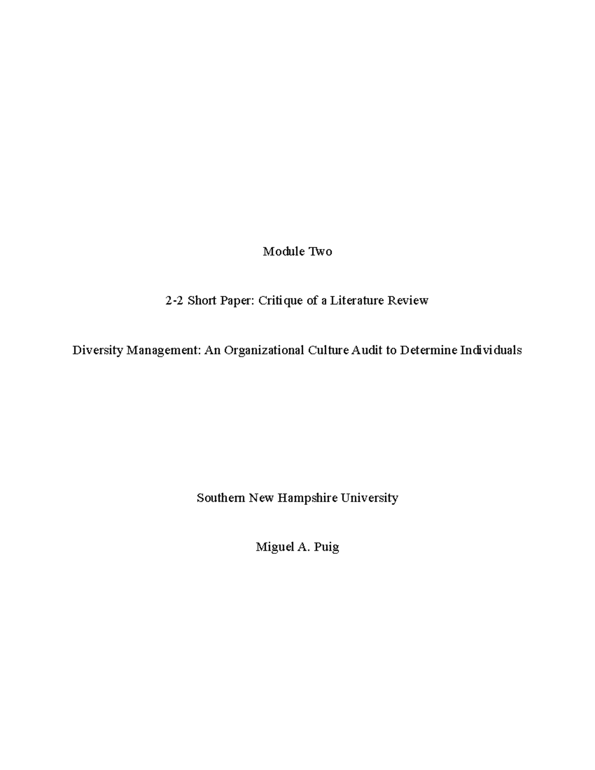 Module Two 2-2 Short Paper: Critique of Literature Review on Diversity ...