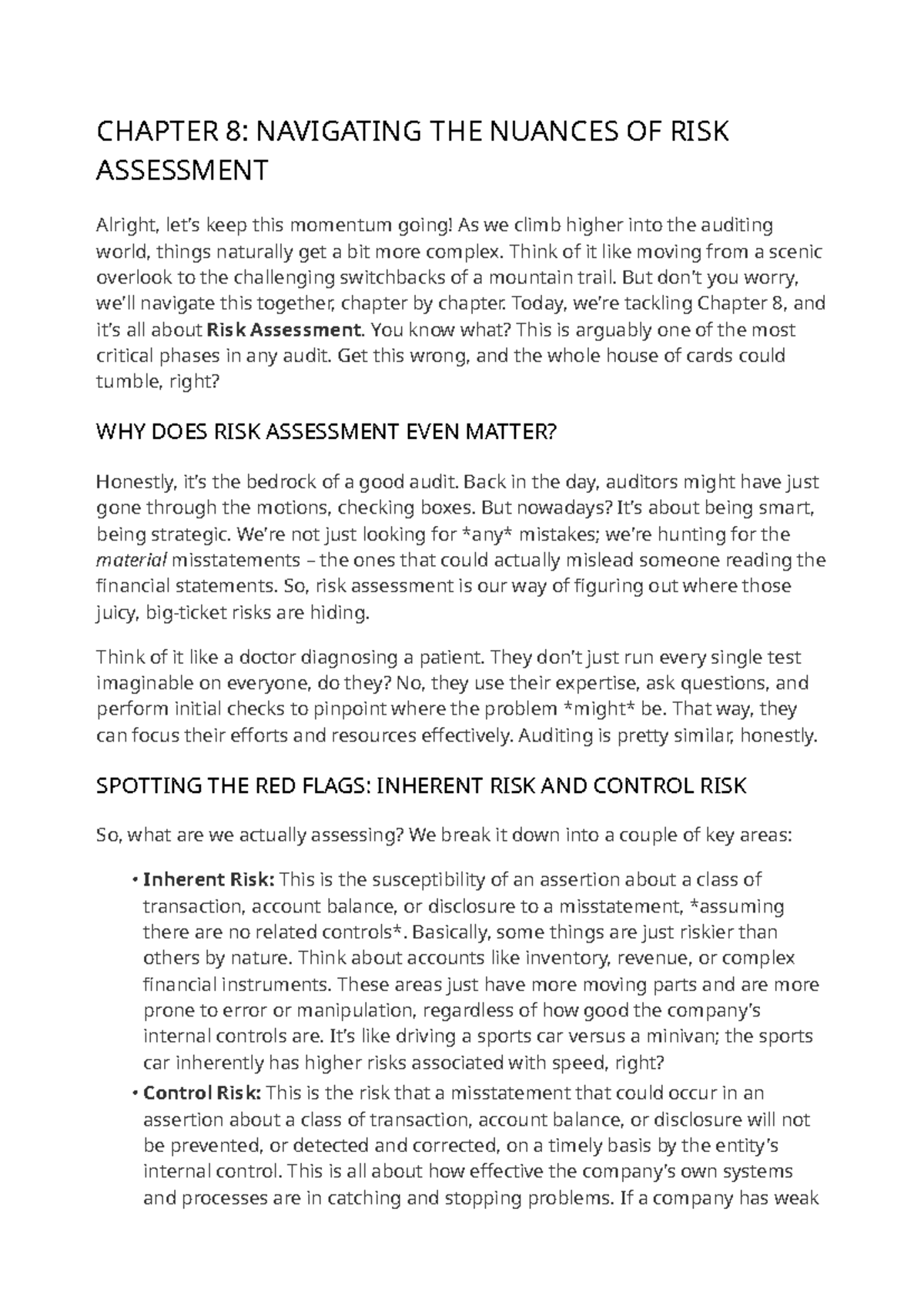 AUDITING & ASSURANCE CHAPTER 8: RISK ASSESSMENT INSIGHTS - Studocu