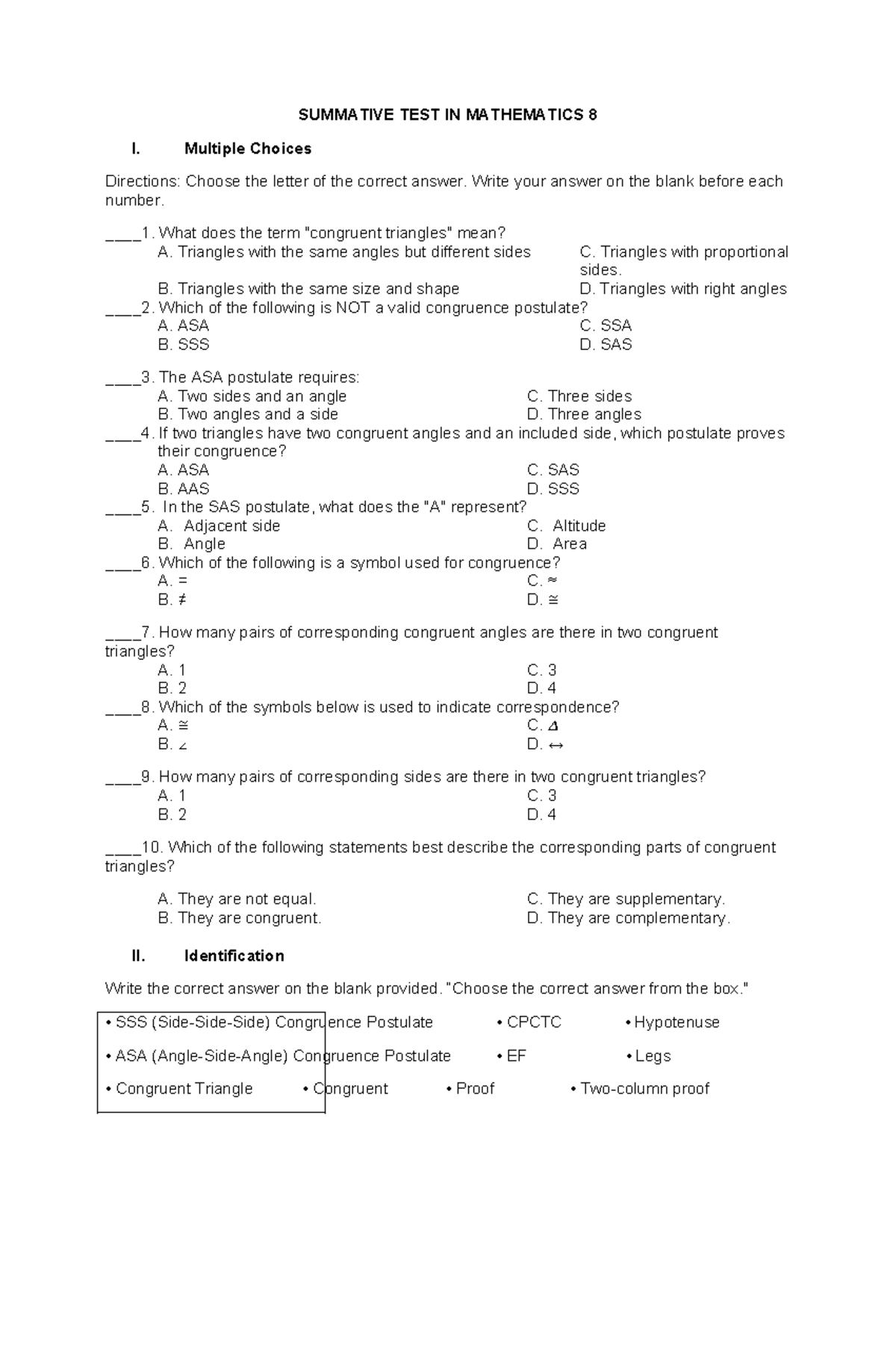 SUMMATIVE TEST IN MATHEMATICS 8: CONGRUENCE POSTULATES & TRIANGLES ...