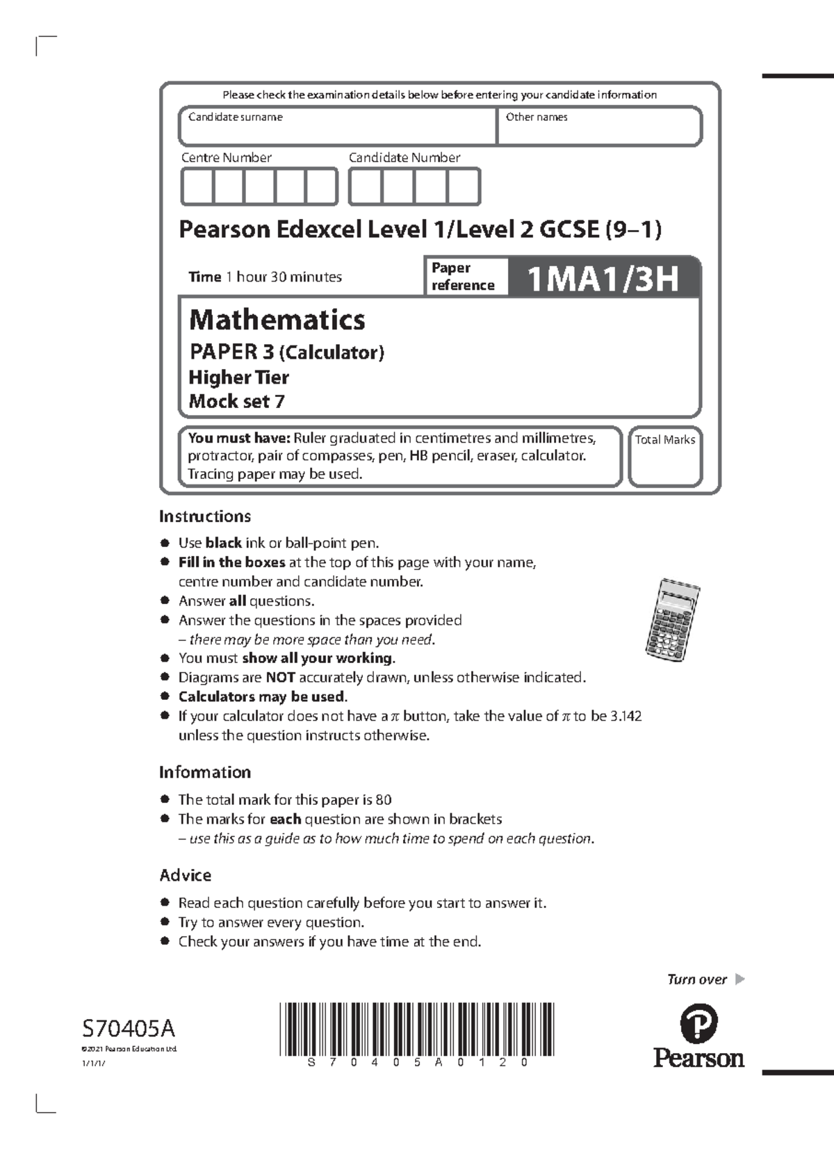 Mock Set 7 Practice Paper for 1MA1/3H (Higher Tier Mathematics) - Studocu