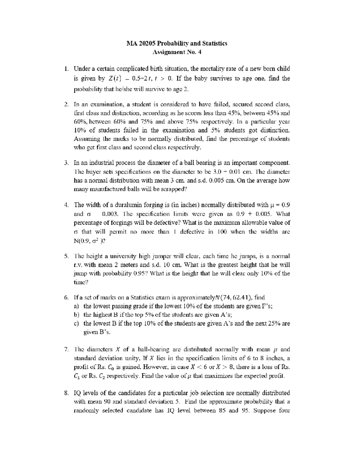 MA 20205 Probability and Statistics Assignment No. 4 - 2024 Autumn ...