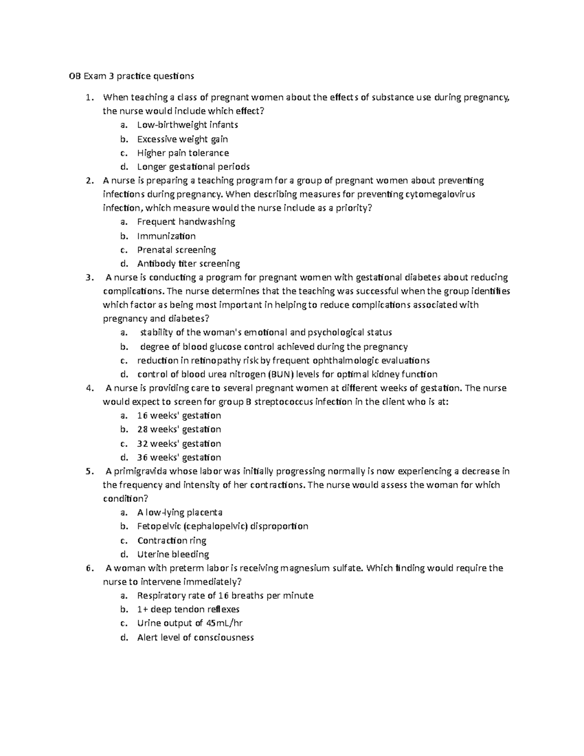 OB Exam 3 Practice Questions: Pregnancy and Childbirth Insights - Studocu